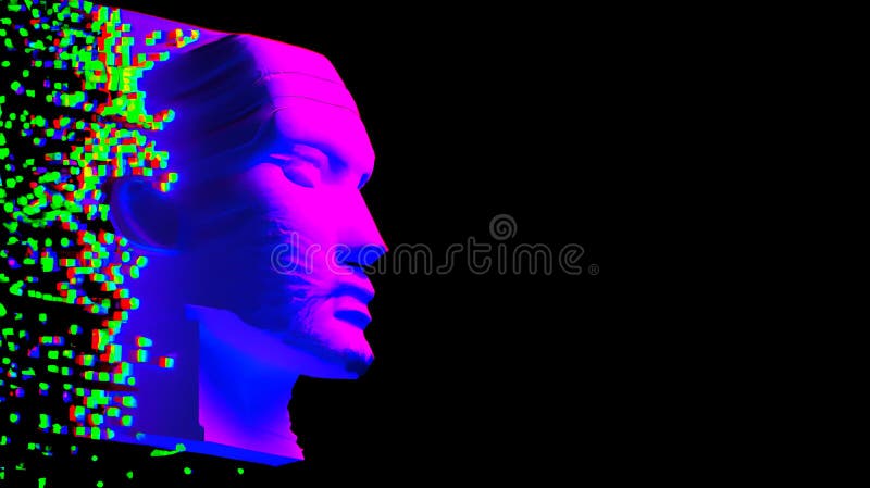 Human Head Made of Pixels in Neon Holographic, Virtual Reality and ...