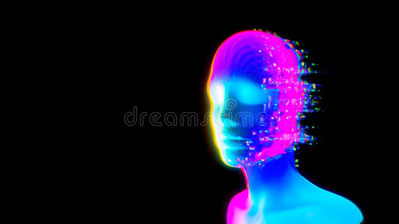 Human Head Made of Pixels in Neon Holographic, Virtual Reality and ...