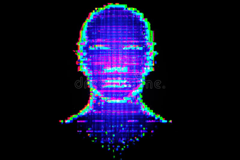 Human Head Made of Pixels in Neon Holographic, Virtual Reality and ...