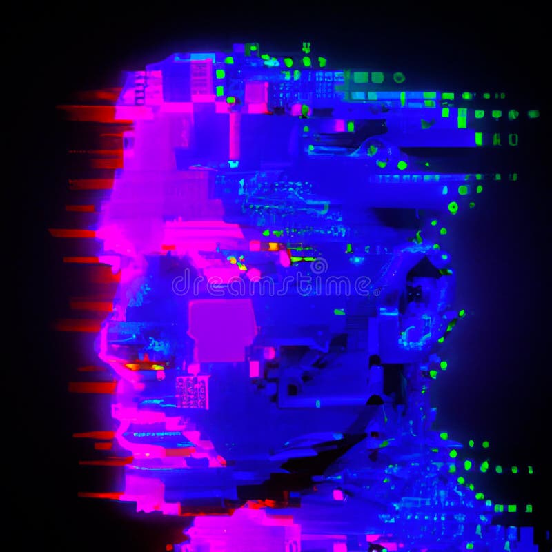 Human Head Made of Pixels in Neon Holographic, Virtual Reality and ...