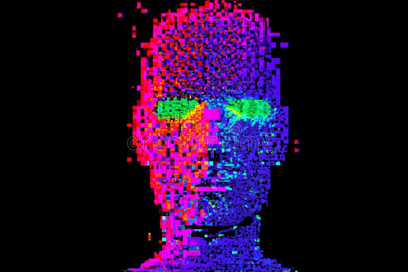 Human Head Made of Pixels in Neon Holographic, Virtual Reality and ...