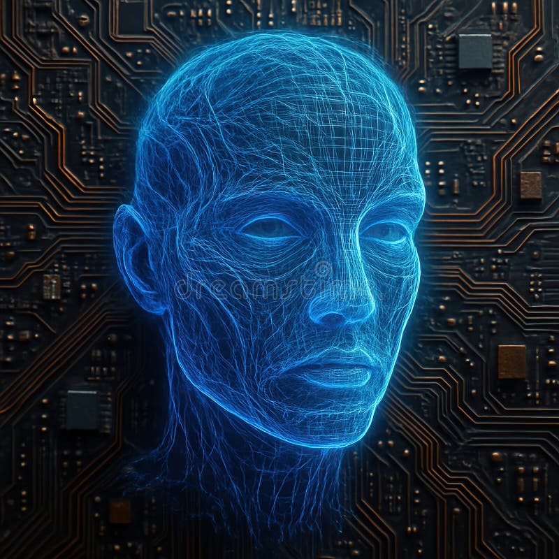 Human Head Merged with Digital Circuit Board and Binary Code in a ...