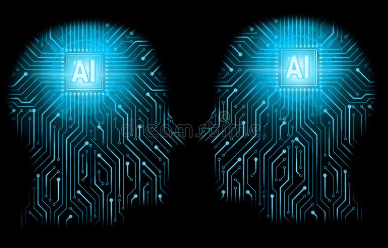 Human Head Microchip in Brain and Circuit Board Blue Line Glow Stock ...