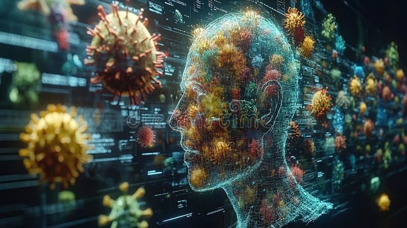 Human Head with Microscopic Viruses, Data Background Stock Illustration ...