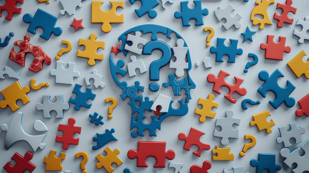 Human Head from Puzzle Pieces with Question Marks on Gray Background ...