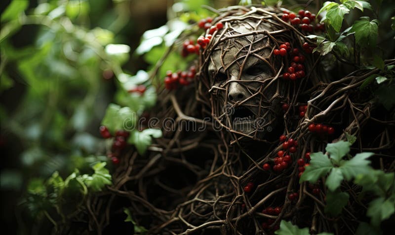 Human Head Sculpture Covered in Vines and Berries Stock Image - Image ...