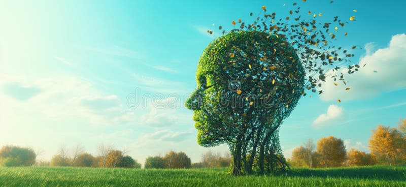 Human Head Sculpture Made of Leaves and Branches Symbolizing Nature and ...