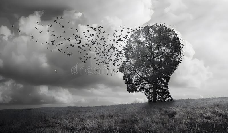 Human Head Shaped Tree with Falling Leaves in Grassy Field Stock ...