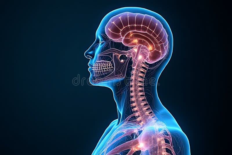 A Human Head Shows a Translucent View of an Active Brain and Spinal ...
