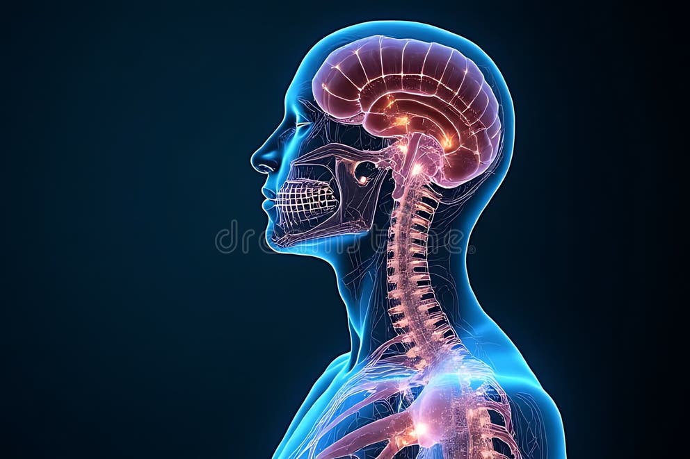A Human Head Shows a Translucent View of an Active Brain and Spinal ...