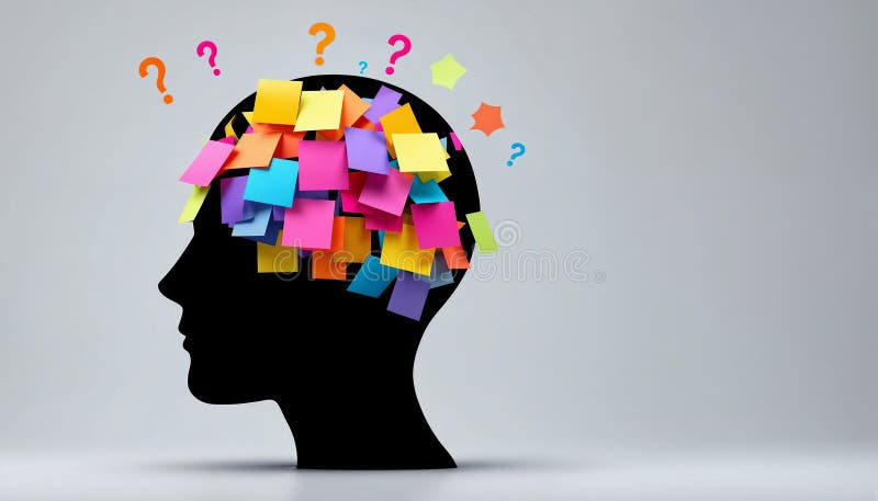 Human Head Silhouette with Colorful Sticky Notes and Question Marks ...