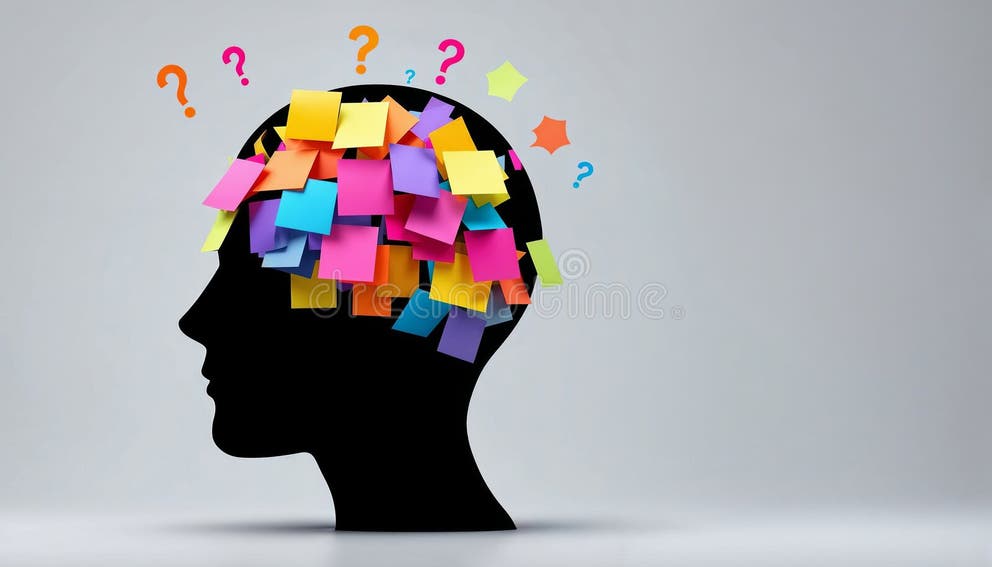 Human Head Silhouette with Colorful Sticky Notes and Question Marks ...