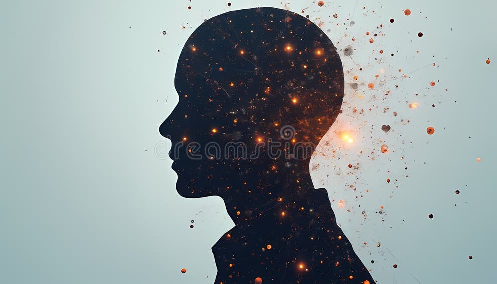 Human Head Silhouette with Exploding Particles Abstract Art Stock ...