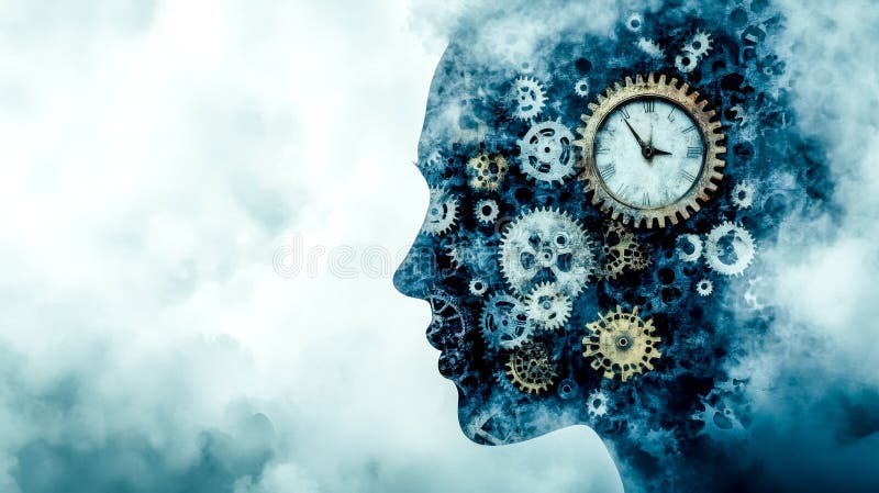 Human Head Silhouette Filled with Clockwork Gears and Clock on Cloudy ...