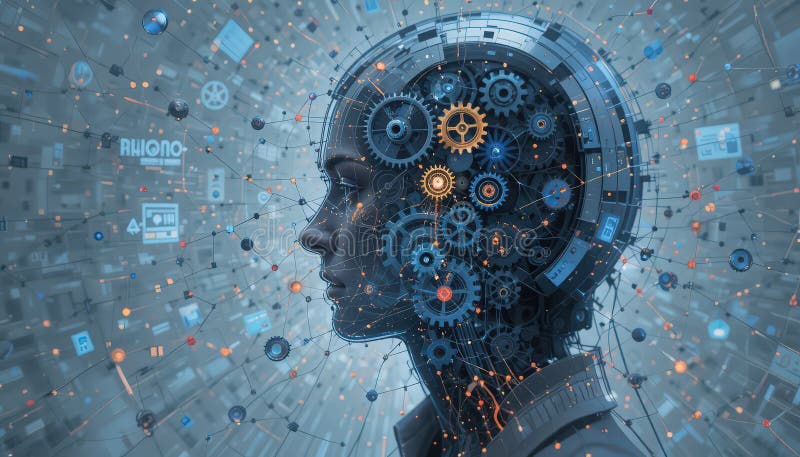 Complex Brain Design Blending Human Silhouette with Intricate Gears and ...