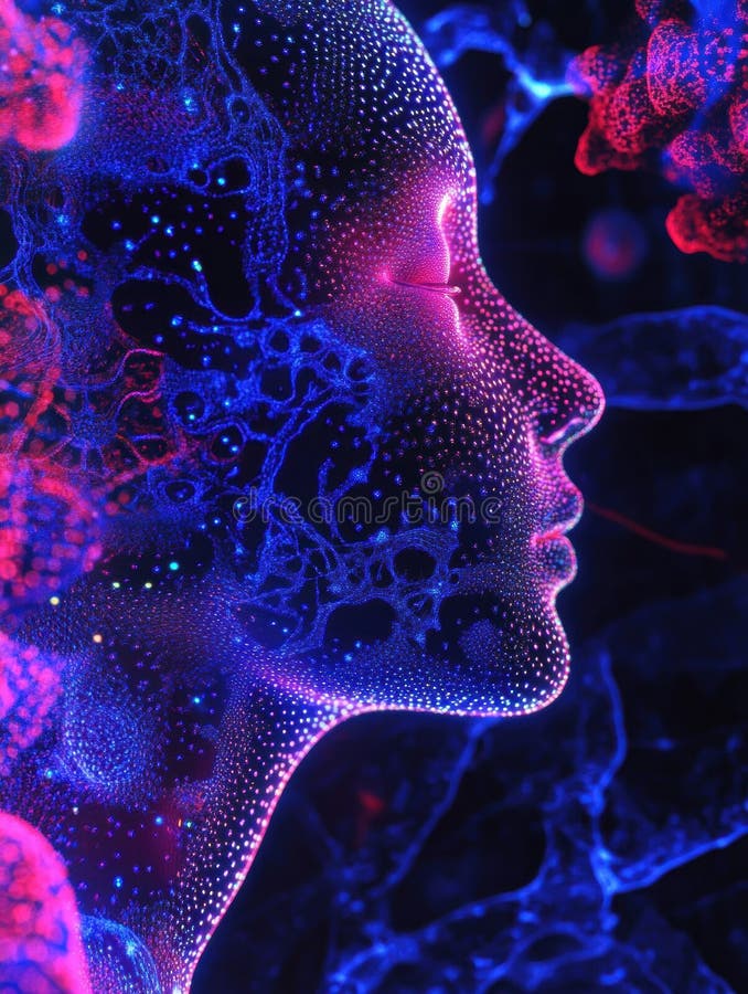 Human Head Silhouette Filled with Glowing AI Nodes and Cosmic Patterns ...