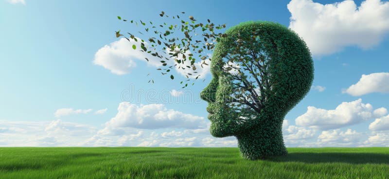 Human Head Silhouette Made of Greenery with Leaves Dispersing into the Sky Stock Image - Image ...