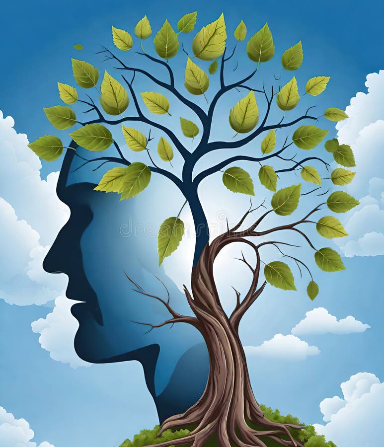 Human Head Silhouette with a Tree Made of Leaves on a Blue Background ...