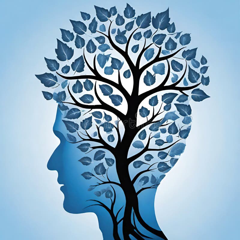 Human Head Silhouette with a Tree Made of Leaves on a Blue Background ...