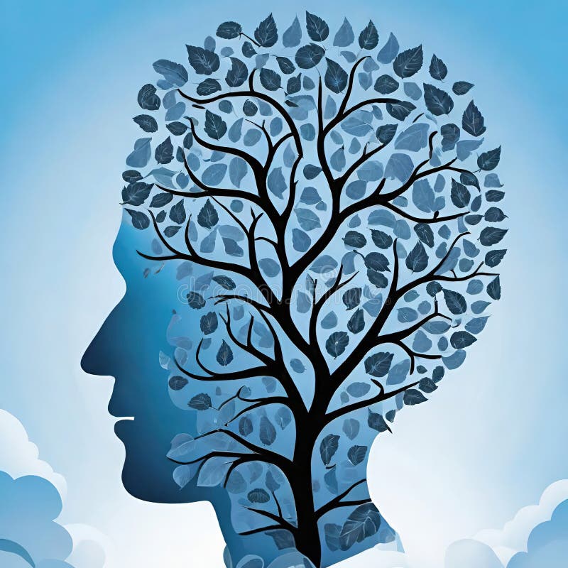 Human Head Silhouette with a Tree Made of Leaves on a Blue Background ...