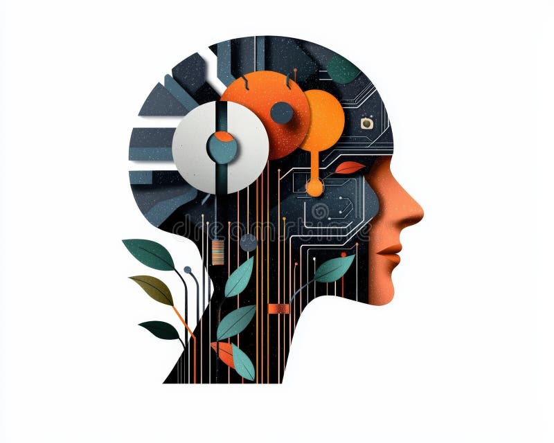 Human Head with Technology and Nature Blend Stock Illustration ...