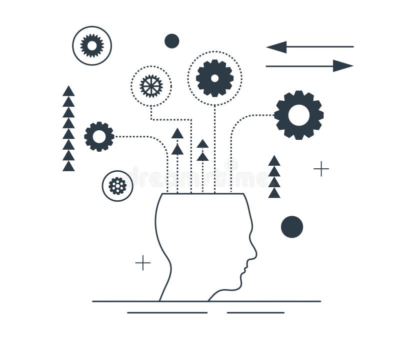 Human Head Thinking with Gear Line Art Isolated on White Stock Vector ...