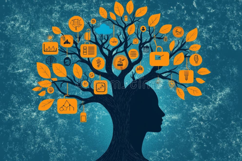 Human Head with Tree and Icons Representing Ideas Growing Stock Image ...
