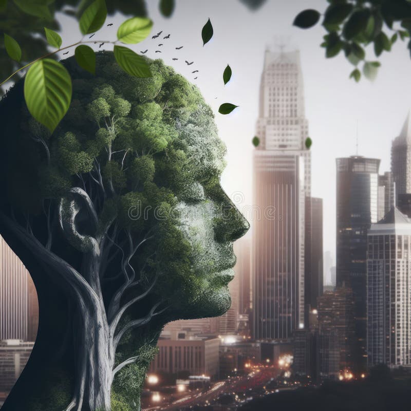 Human Head and Tree Leaves. Concept of Meditation Stock Illustration ...