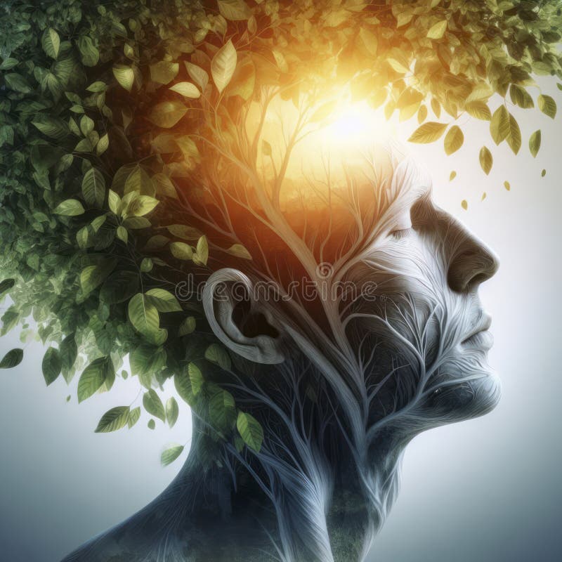 Human Head and Tree Leaves. Concept of Meditation Stock Illustration ...