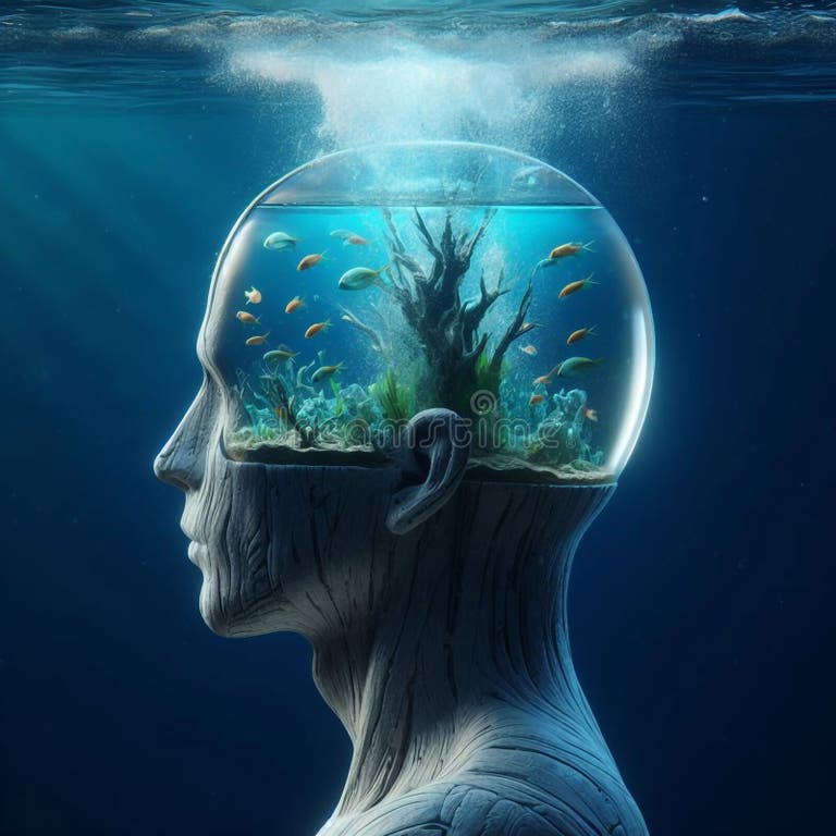 Human Head with Underwater Ecosystem Inside on Blue Background Stock ...