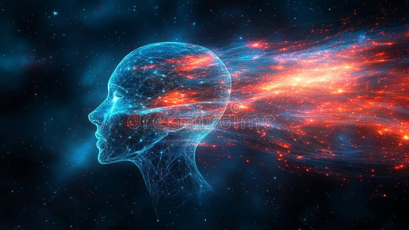 Human Head Wireframe with Flow of Energy Particles. Artificial ...