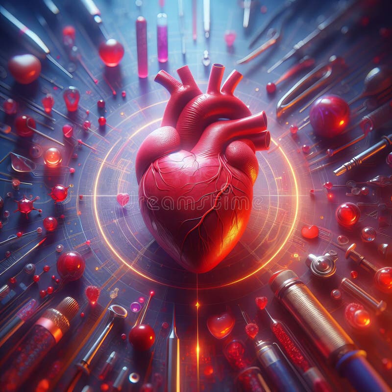 A Human Heart is Centrally Displayed, Surrounded by Medical Instruments ...