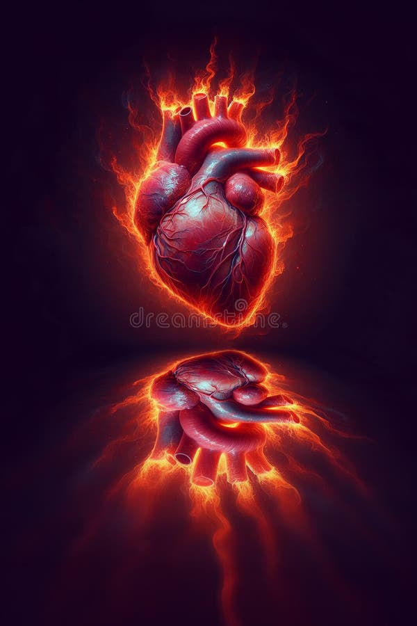 Human Heart on Fire, Illustration and Mirror Image Stock Image - Image ...