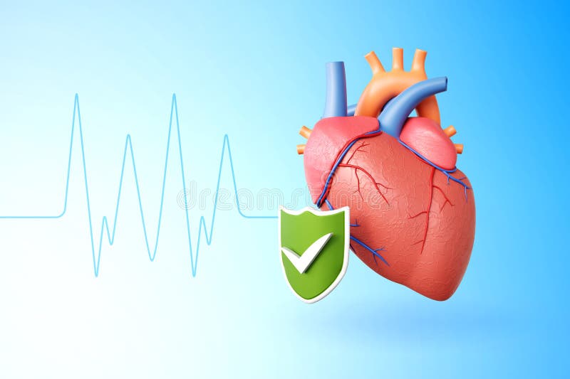 Human Heart Model with Shield and Pulse Line on Blue Background Stock ...