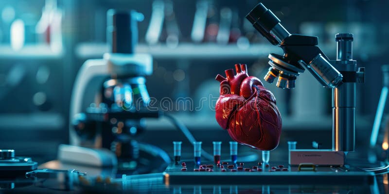 A Human Heart Model Sits Beneath a Microscope in a Laboratory Setting ...