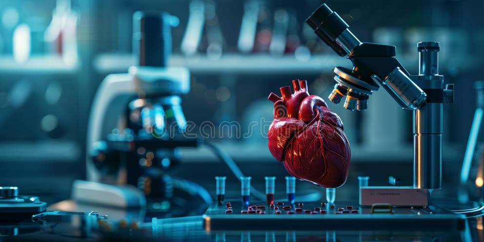 A Human Heart Model Sits Beneath a Microscope in a Laboratory Setting ...