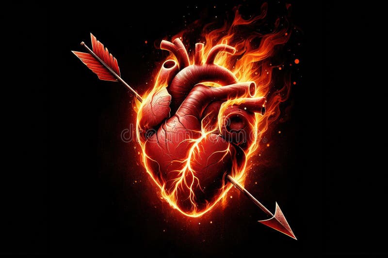 A Human Heart Pierced by an Arrow Has Burst in Half and is Burning with ...