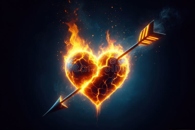 A Human Heart Pierced by an Arrow Has Burst in Half and is Burning with ...