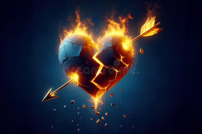 A Human Heart Pierced by an Arrow Has Burst in Half and is Burning with ...
