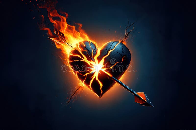 A Human Heart Pierced by an Arrow Has Burst in Half and is Burning with ...
