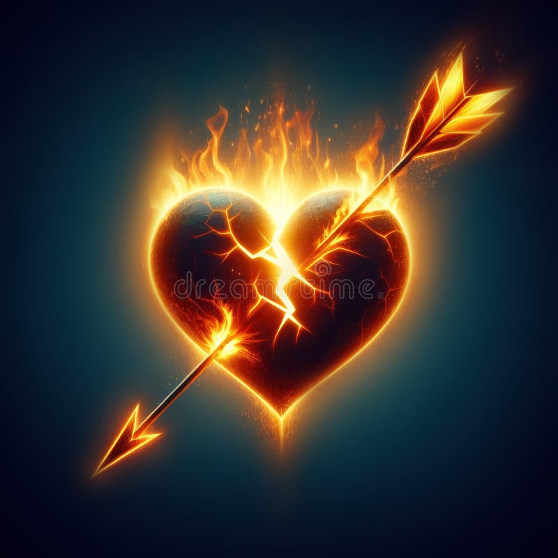 A Human Heart Pierced by an Arrow Has Burst in Half and is Burning with ...