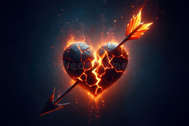 A Human Heart Pierced by an Arrow Has Burst in Half and is Burning with ...