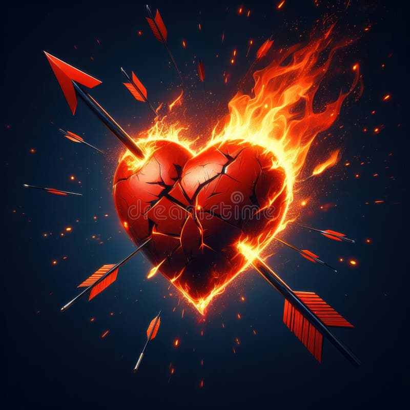 A Human Heart Pierced by an Arrow Has Burst in Half and is Burning with ...