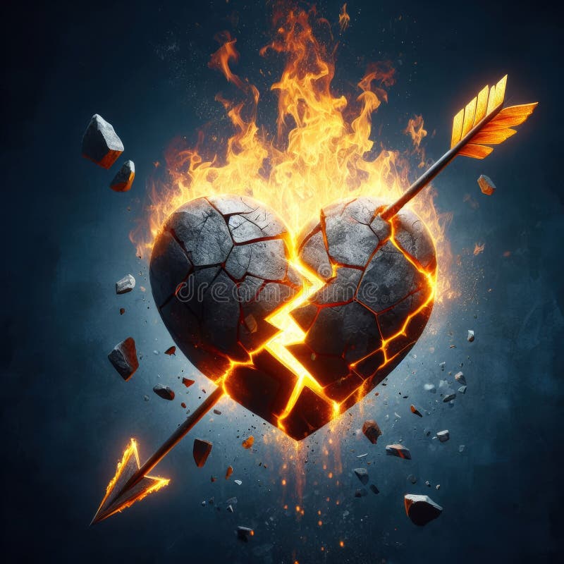 A Human Heart Pierced by an Arrow Has Burst in Half and is Burning with ...