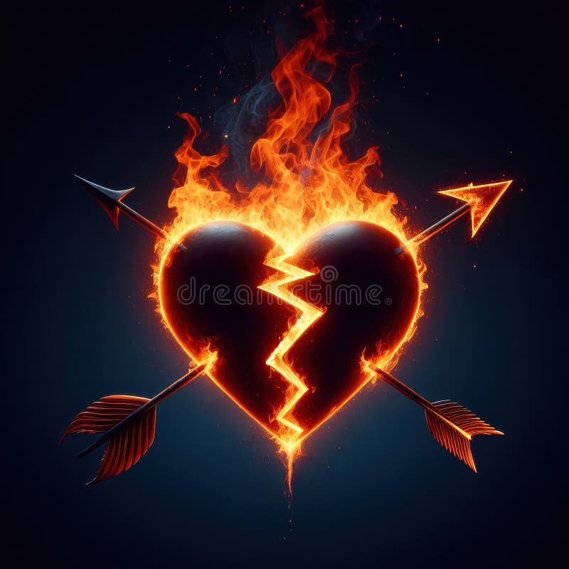 A Human Heart Pierced by an Arrow Has Burst in Half and is Burning with ...