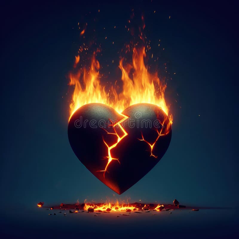 A Human Heart Pierced by an Arrow Has Burst in Half and is Burning with ...