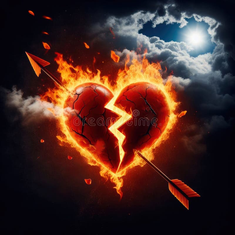 A Human Heart Pierced by an Arrow Has Burst in Half and is Burning with ...