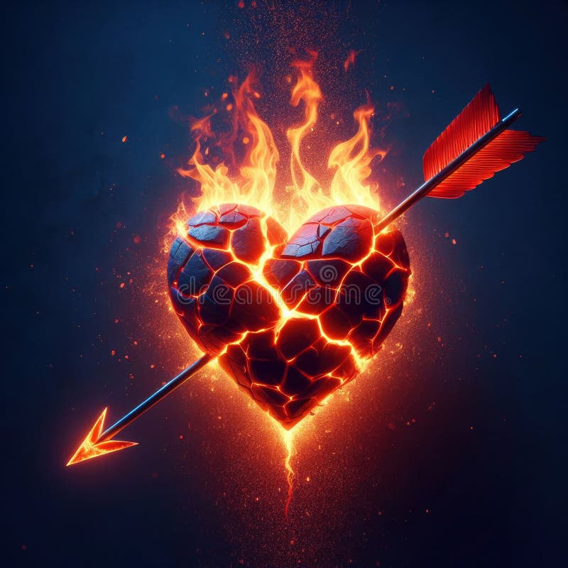 A Human Heart Pierced by an Arrow Has Burst in Half and is Burning with ...