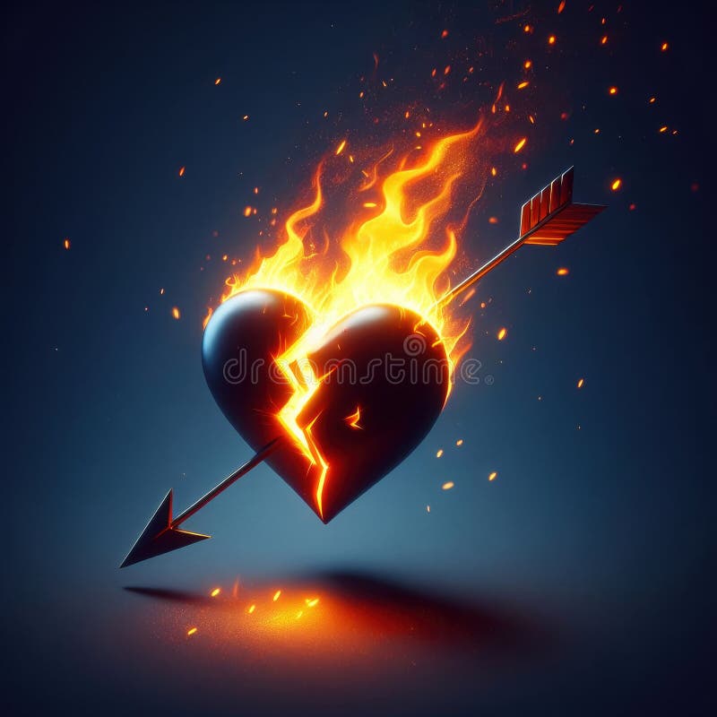 A Human Heart Pierced by an Arrow Has Burst in Half and is Burning with ...