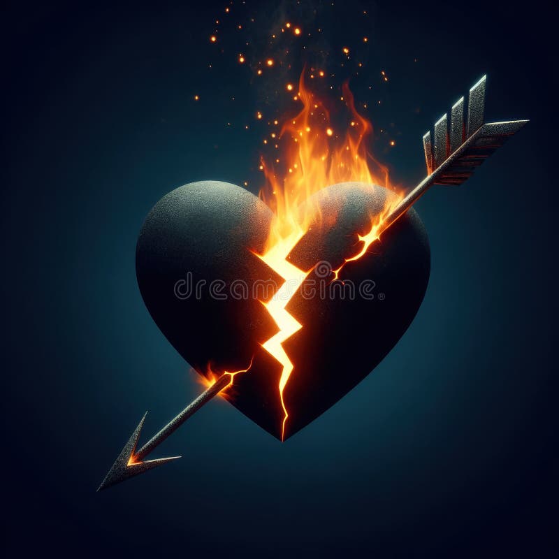 A Human Heart Pierced by an Arrow Has Burst in Half and is Burning with ...